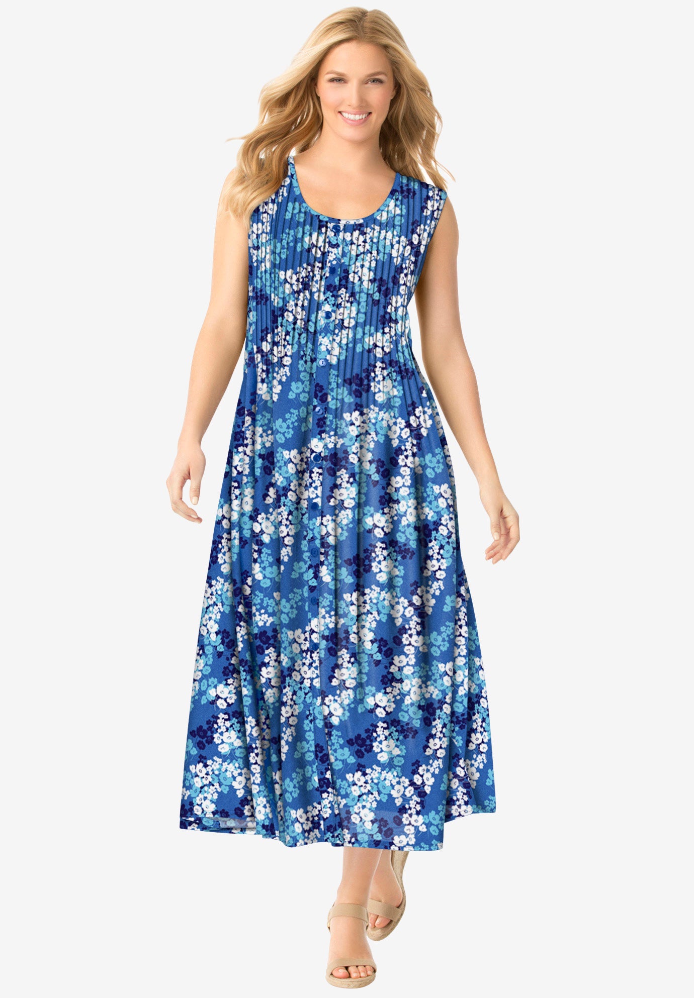 Pintucked Sleeveless Dress with Floral Prints, Horizon Blue Ditsy Bloom ...