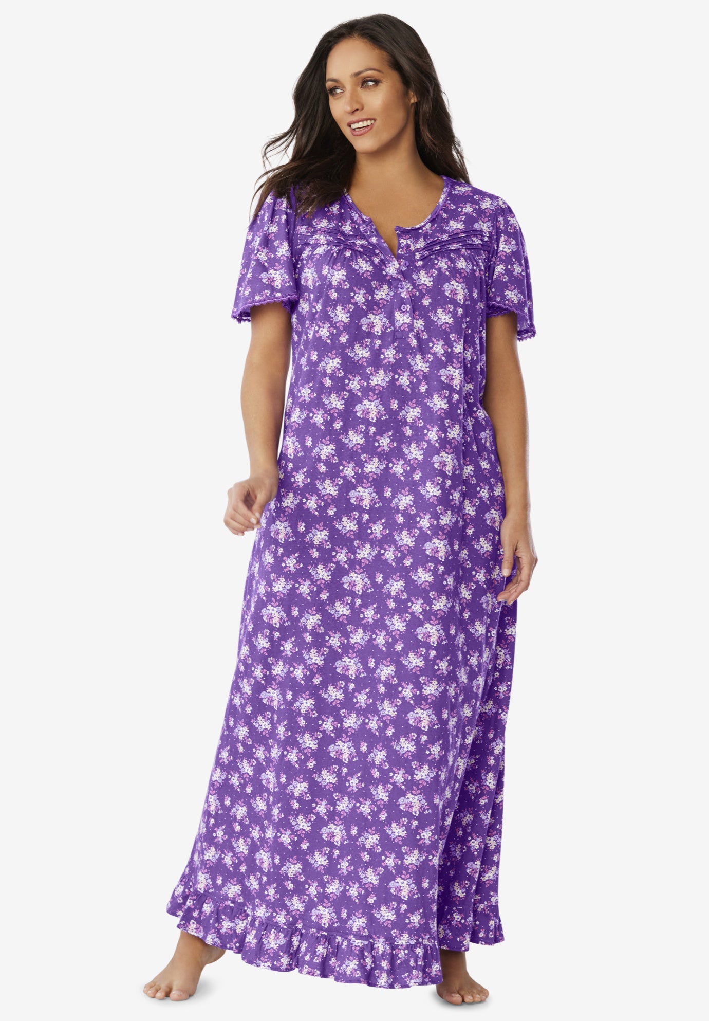 Long Ruffled Cotton Gown - Floral Print, Plum Burst Bouquet | Woman Within