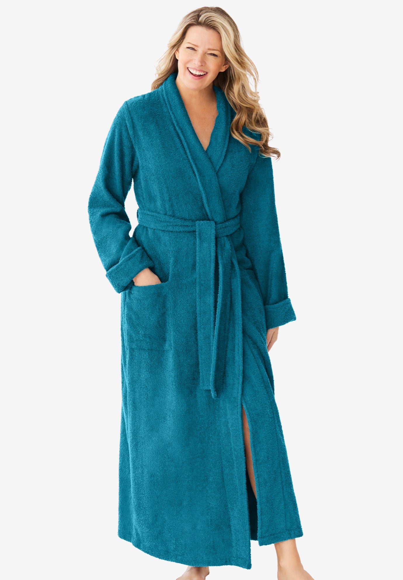 Soft Terry Long Robe - Cozy Cotton Style, Deep Teal | Woman Within