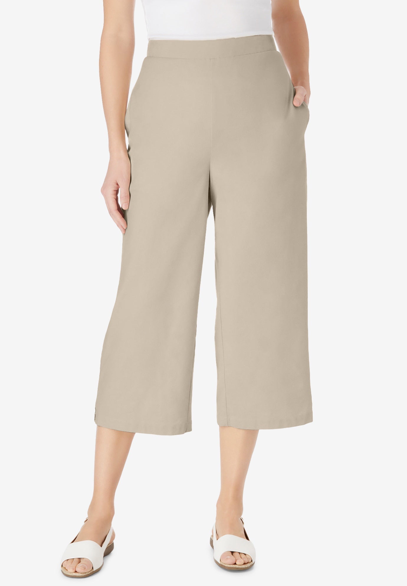 Linen Capri Pull-On Pants with Pockets, Natural Khaki | Woman Within