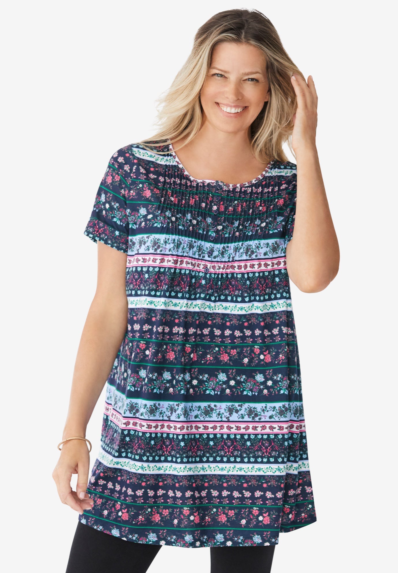 Short-Sleeve Pintucked Henley Tunic for Women, Navy Patchwork Stripe ...