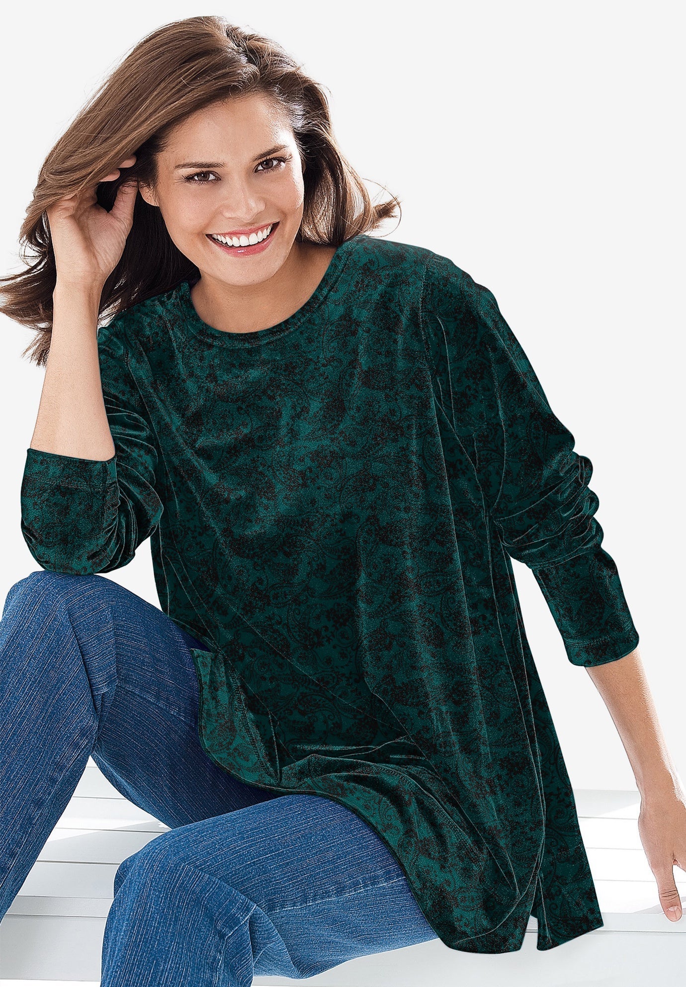 Plush Velour Tunic Sweatshirt - Soft Velvety Feel, Emerald Green Floral ...