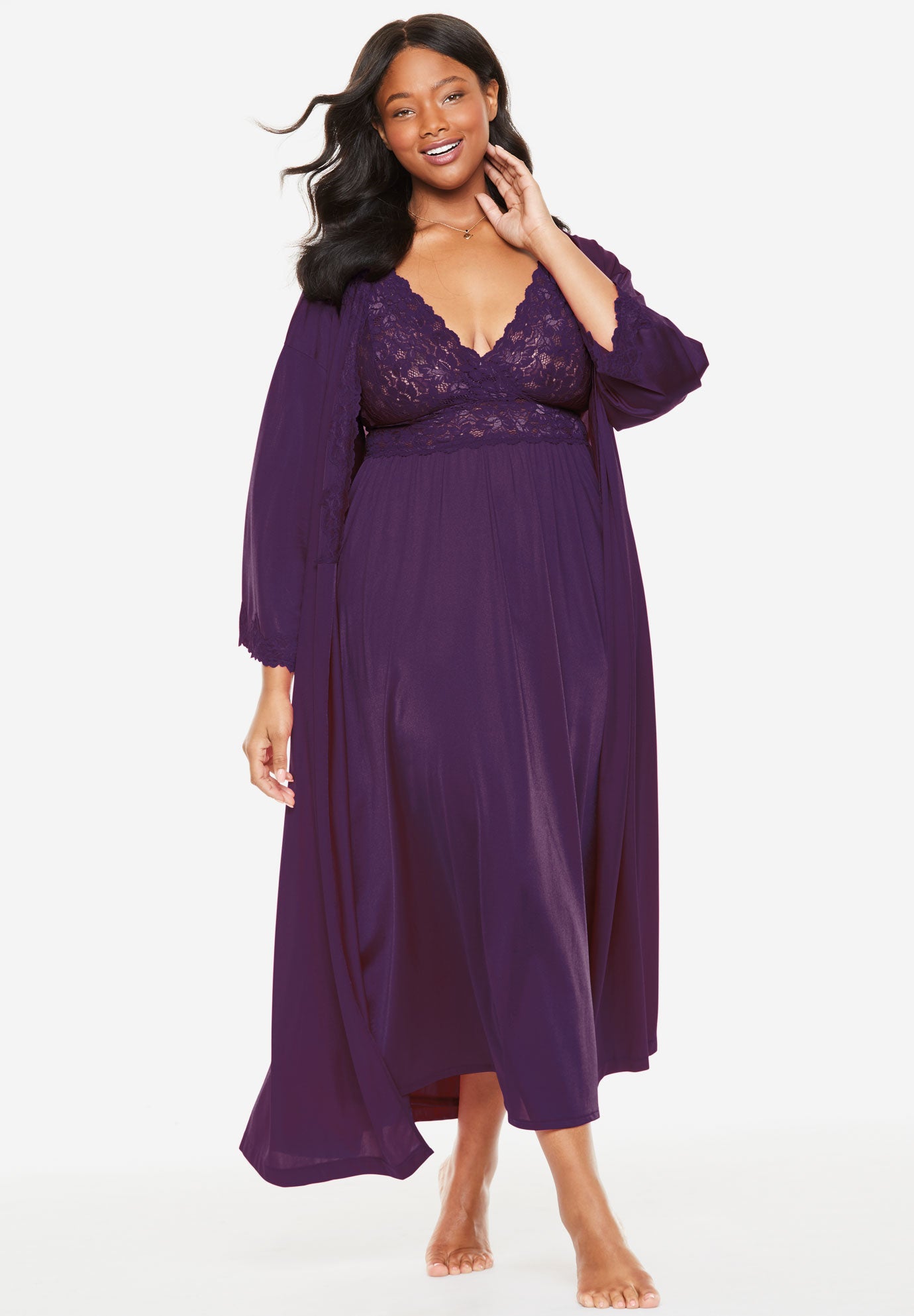 Long Peignoir & Robe Set - Soft Nylon Tricot | Woman Within