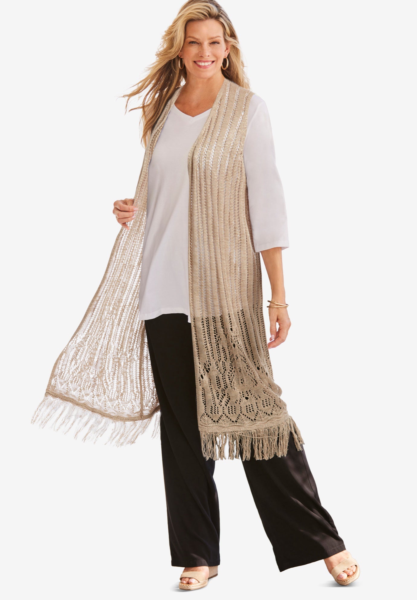 Crochet Maxi Vest with Pointelle Fringe | Woman Within