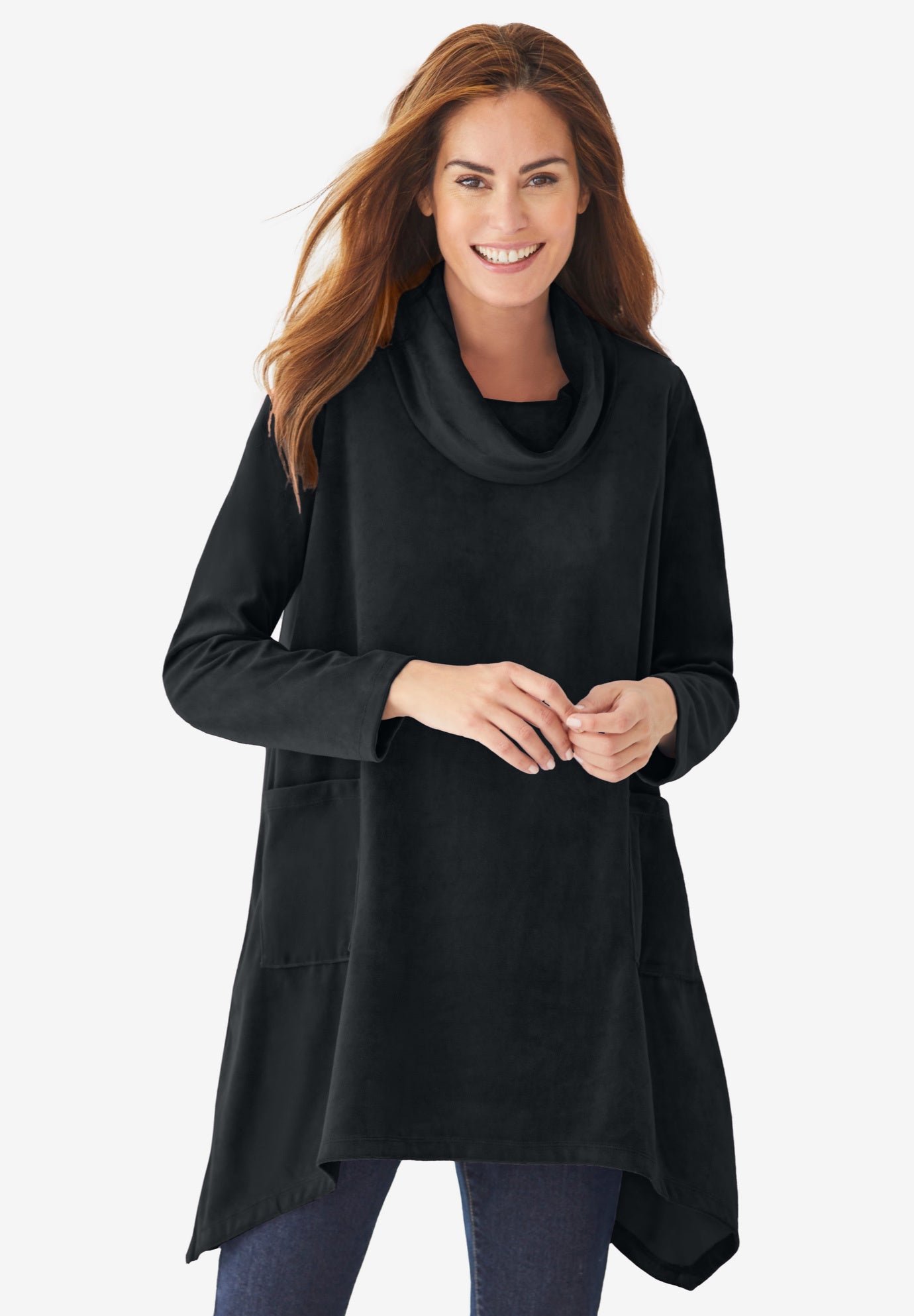 Velour Cowl Neck Tunic with Pockets - 30" Length, Black | Woman Within