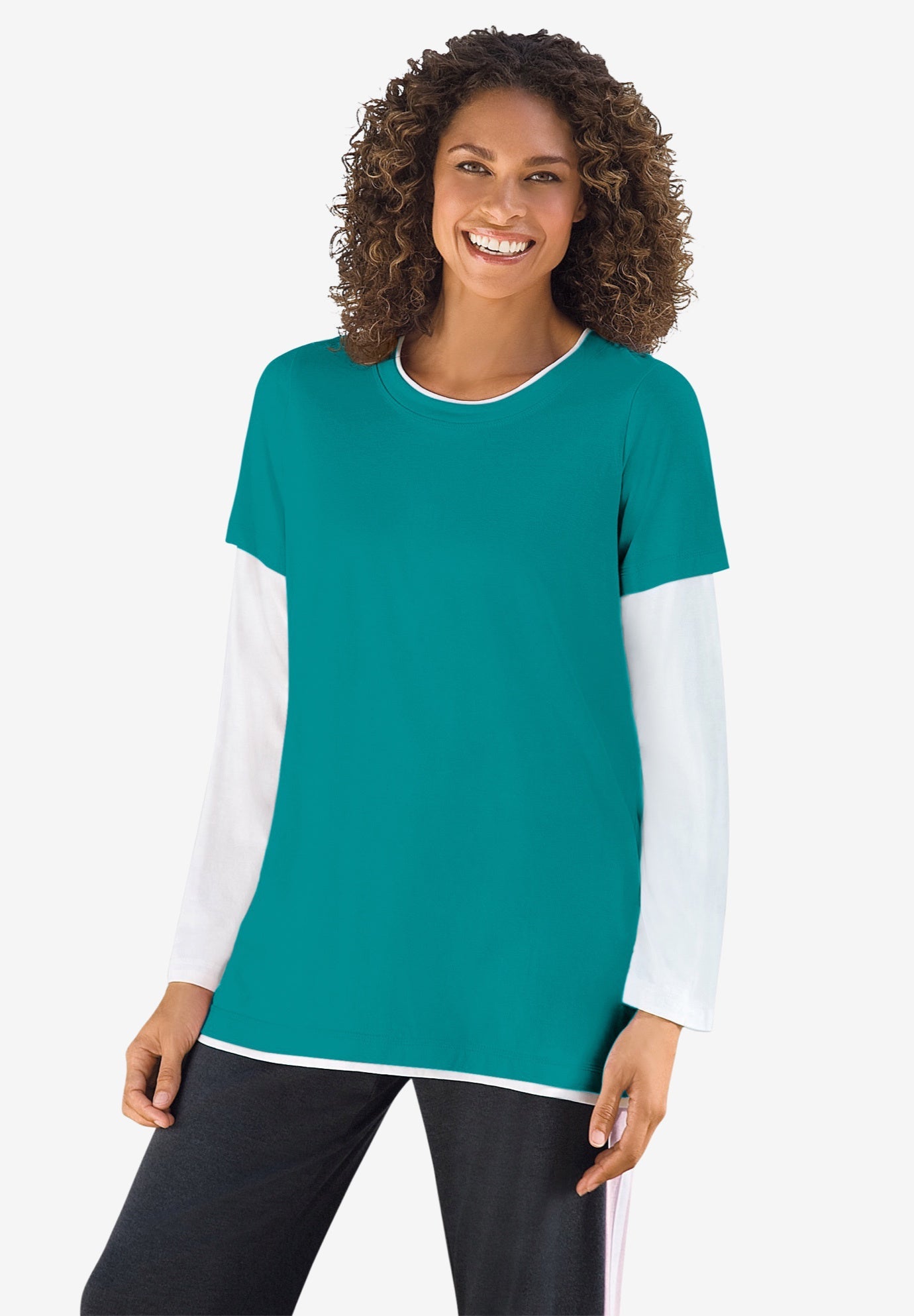 "Tee for Women - Layered-Look Crewneck", Turq Blue | Woman Within