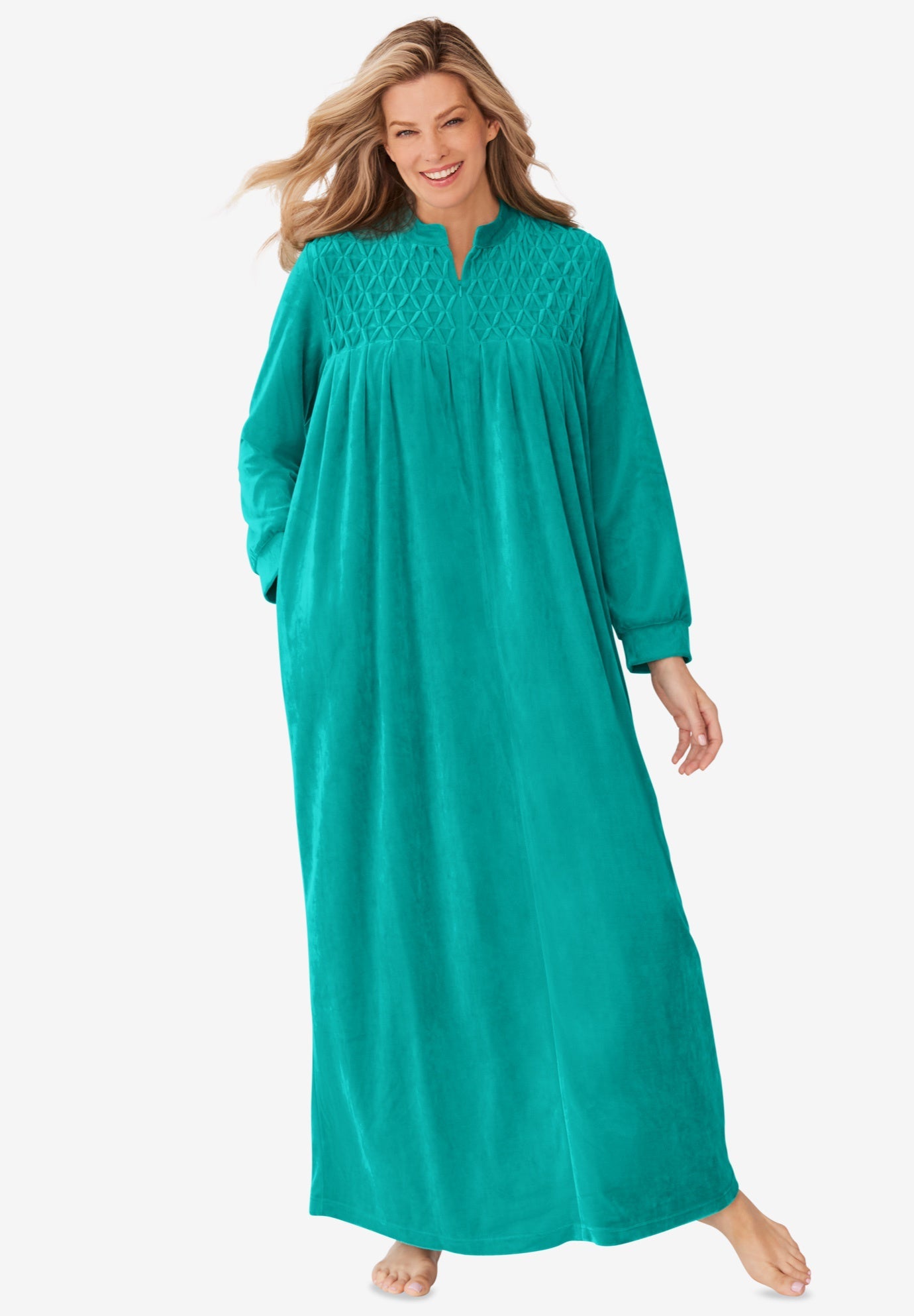 Smocked Velour Long Robe with Pockets, Waterfall | Woman Within