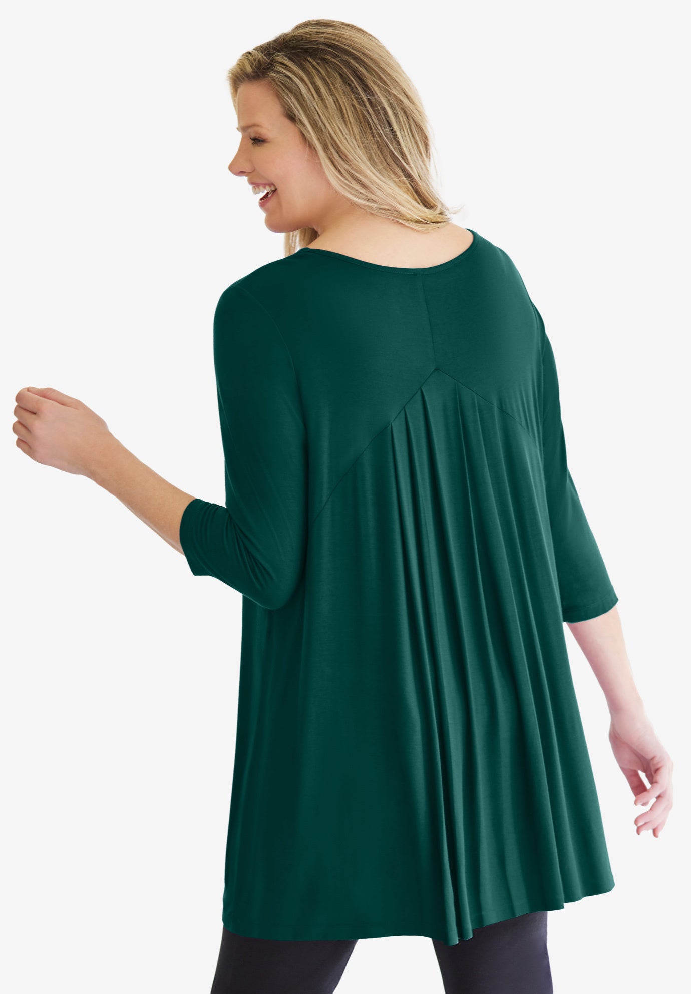 Pleat Back Tunic - V-Neck and 3/4 Sleeves, Emerald Green | Woman Within