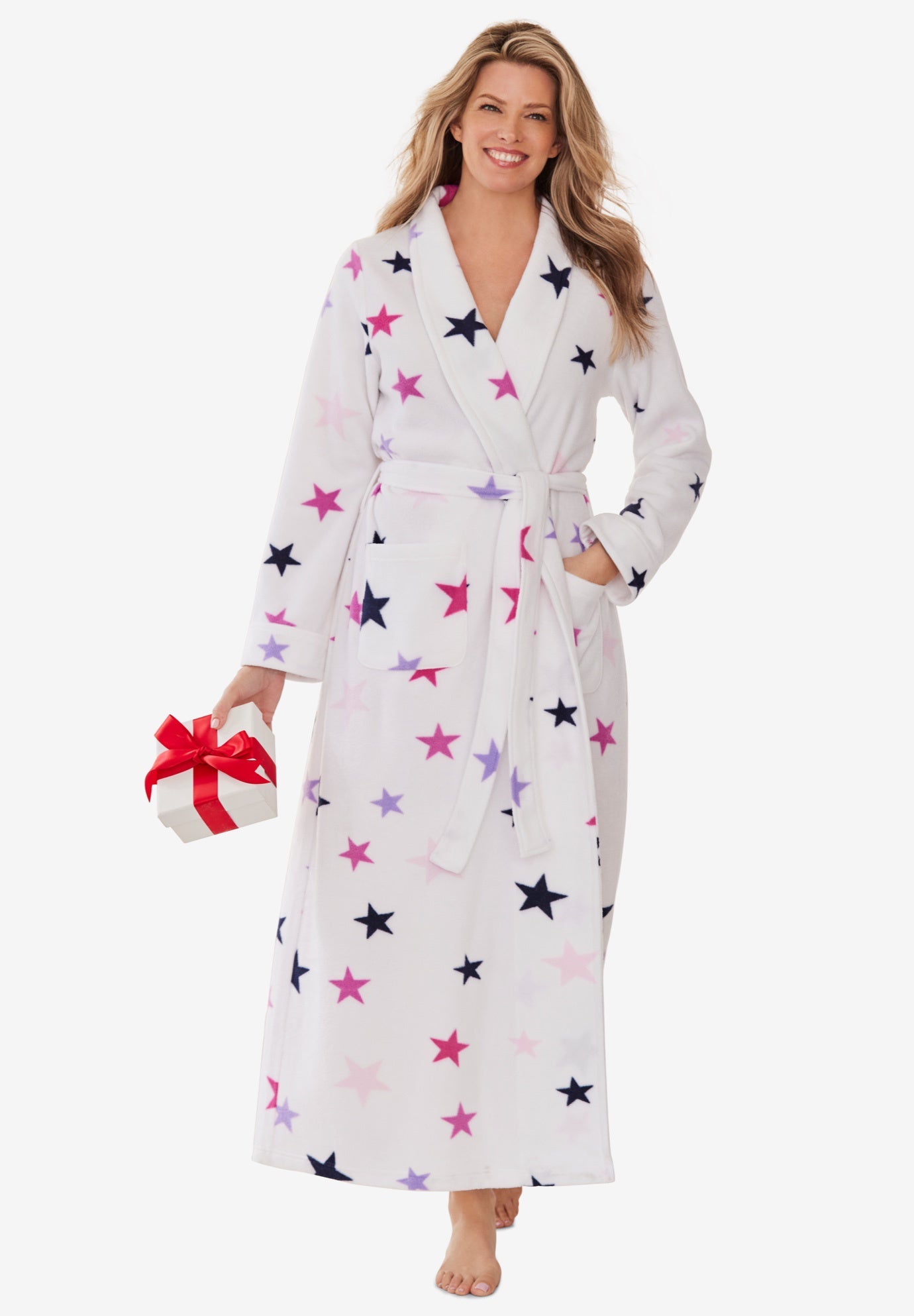 Ultra-Soft Microfleece Wrap Robe - Long Style, White Stars | Woman Within