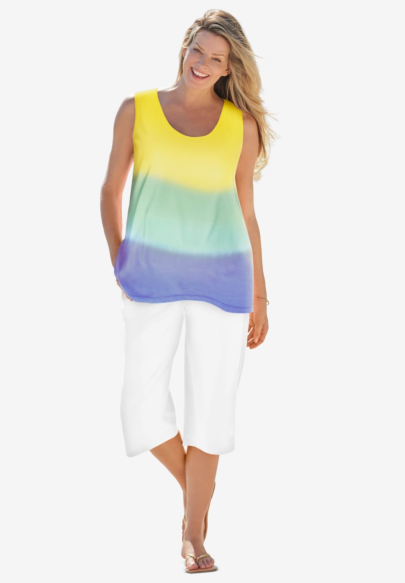 High-Low Tank Top with Tropical Motifs, Multi Dip Dye | Woman Within