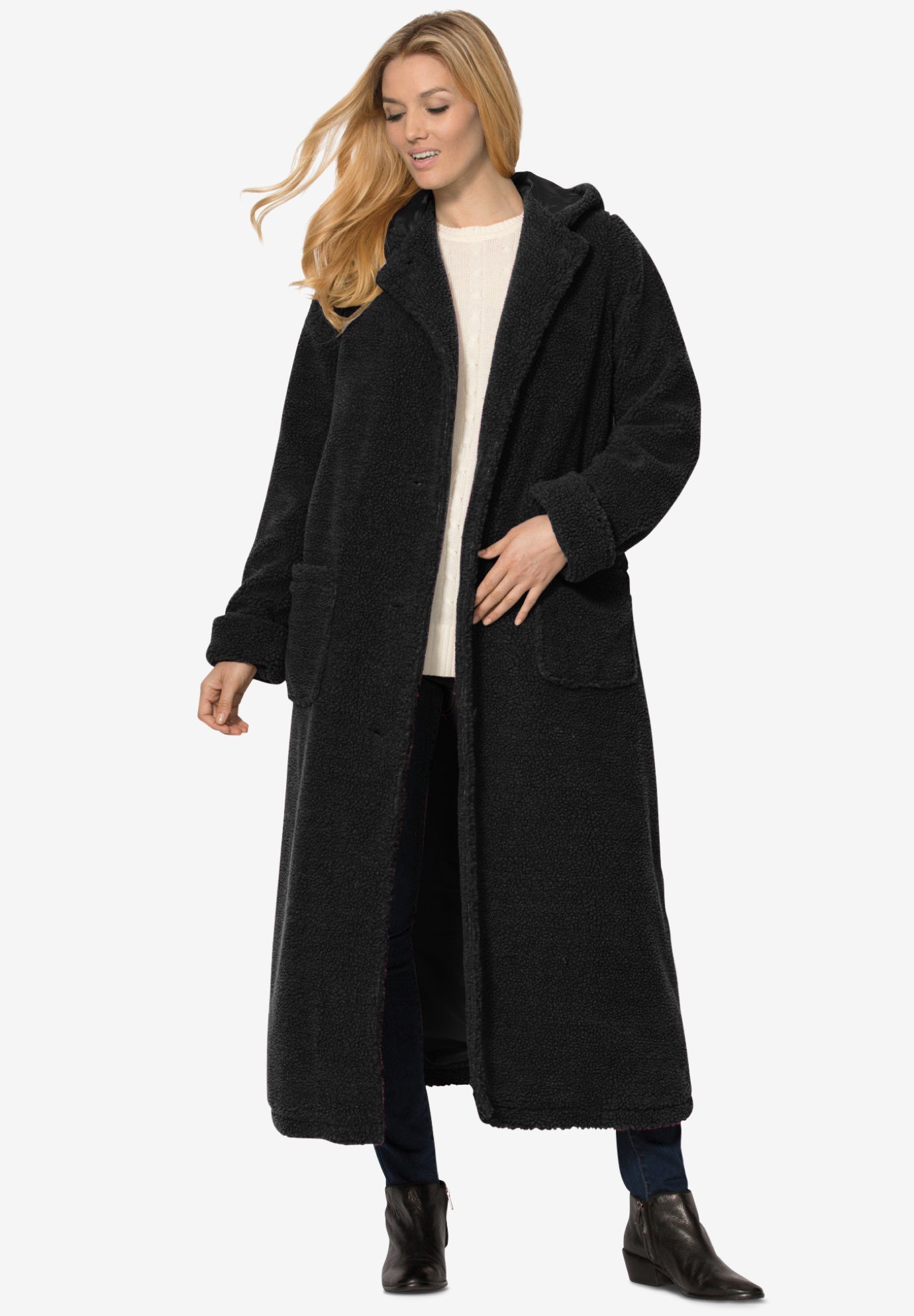 Long Hooded Berber Fleece Coat - Extra Warm, Black | Woman Within