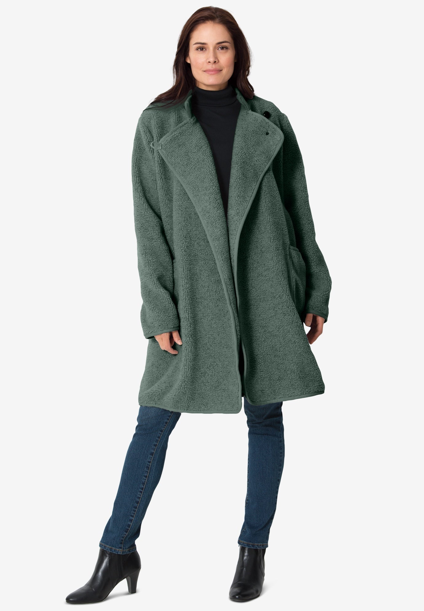 Cozy Berber Jacket with Rib Collar, Pine | Woman Within