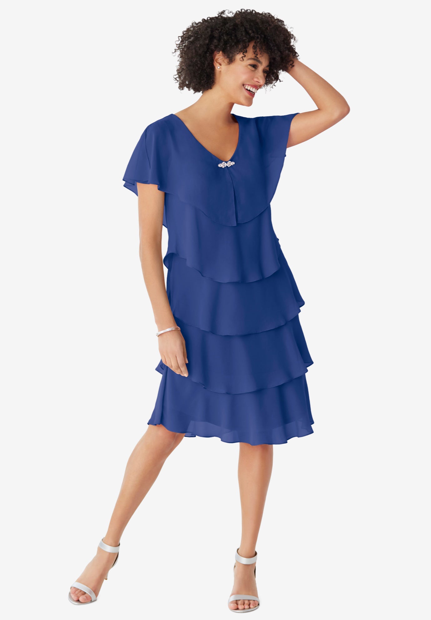 "Three-Tier Dress with Rhinestone Trim", Royal | Woman Within