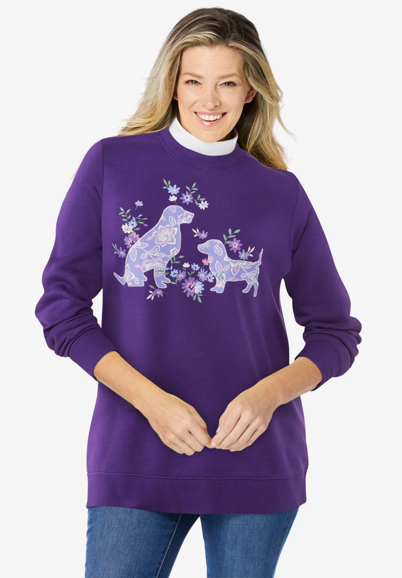 Pullover Layered-Look Sweatshirt, Ribbed Mock Neck, Radiant Purple Dogs ...