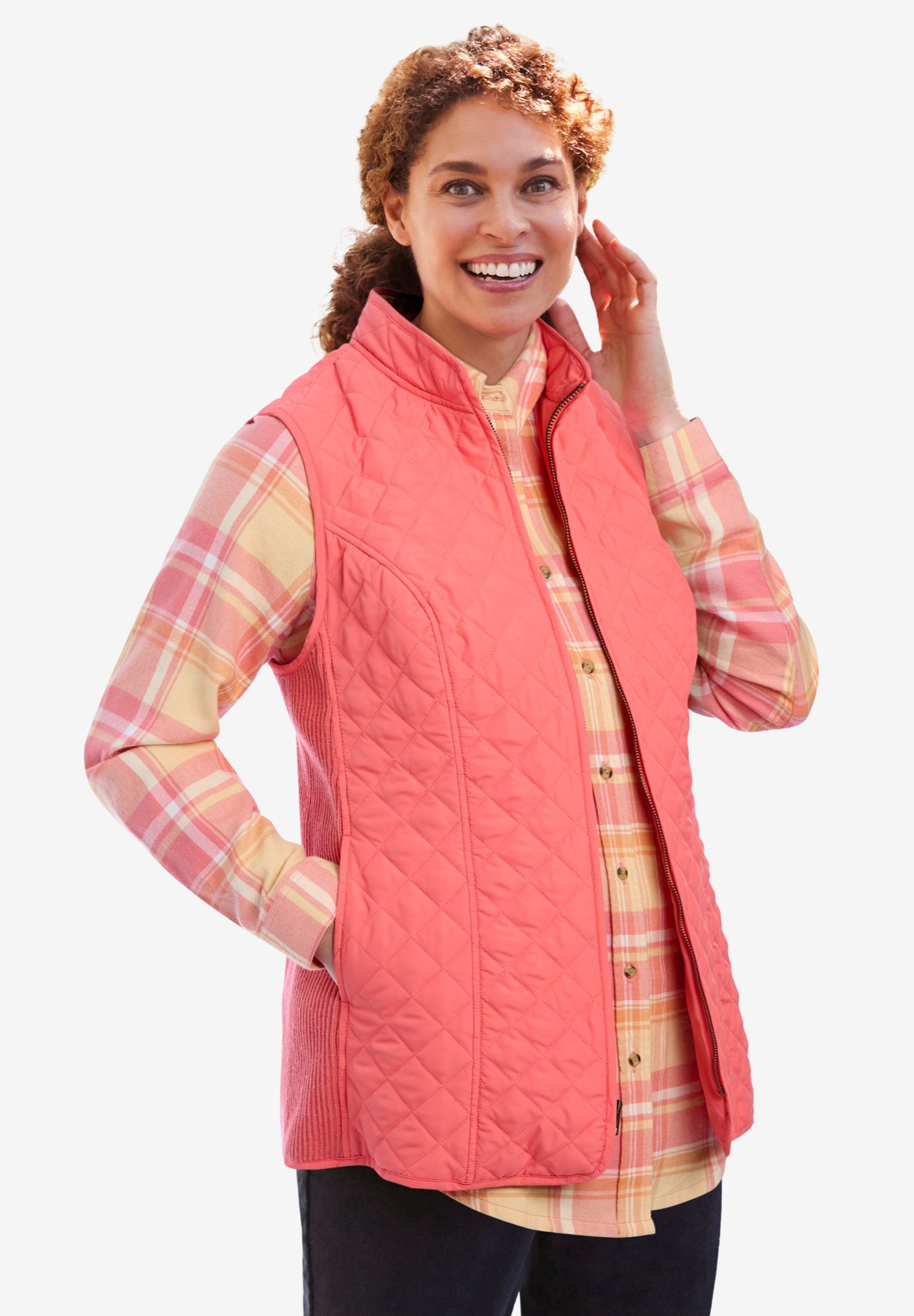 Quilted Vest with Zip Front for Women, Sweet Coral | Woman Within