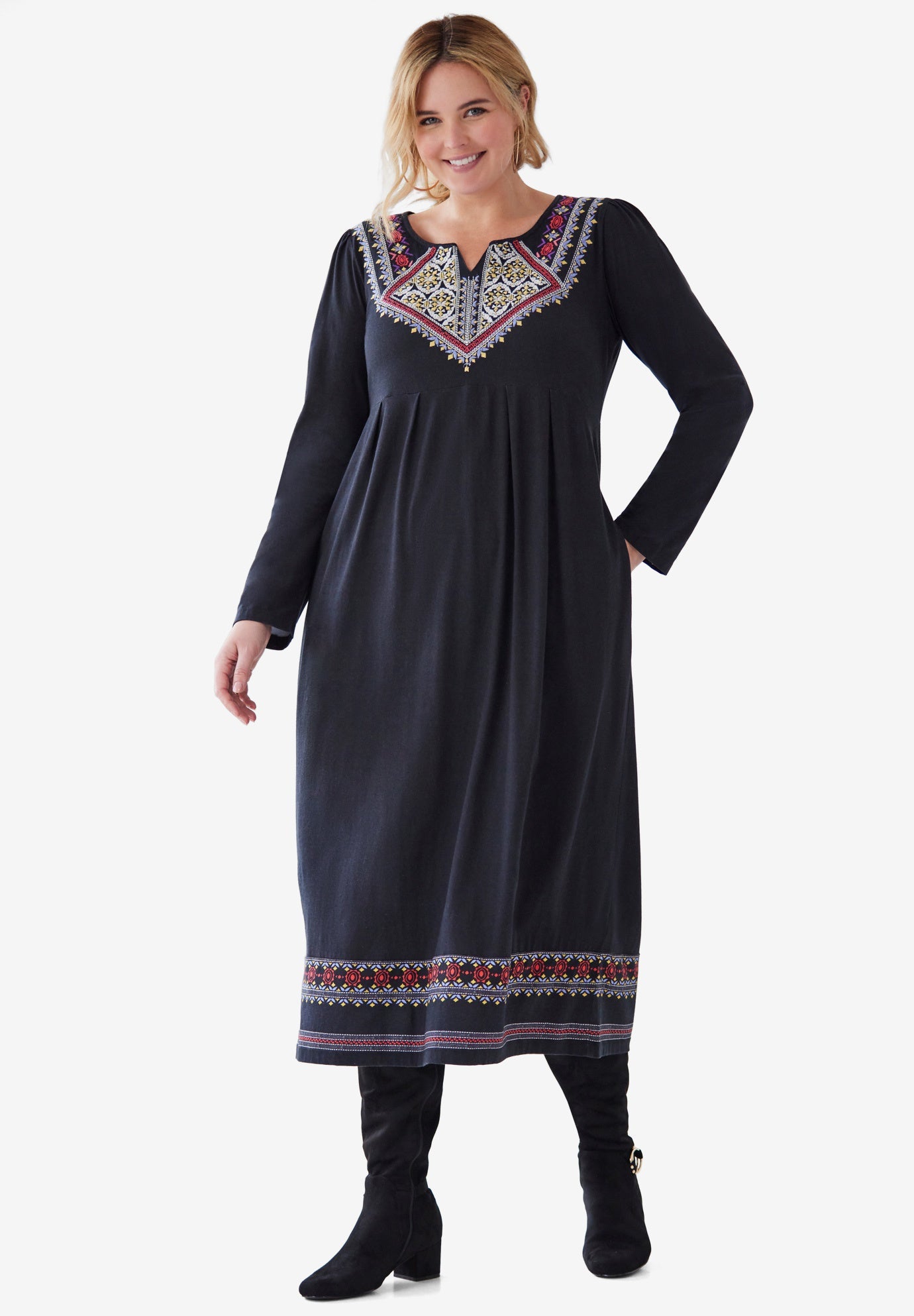 Embroidered Bib Dress with Notch Neckline, Black Medallion Embroidery ...