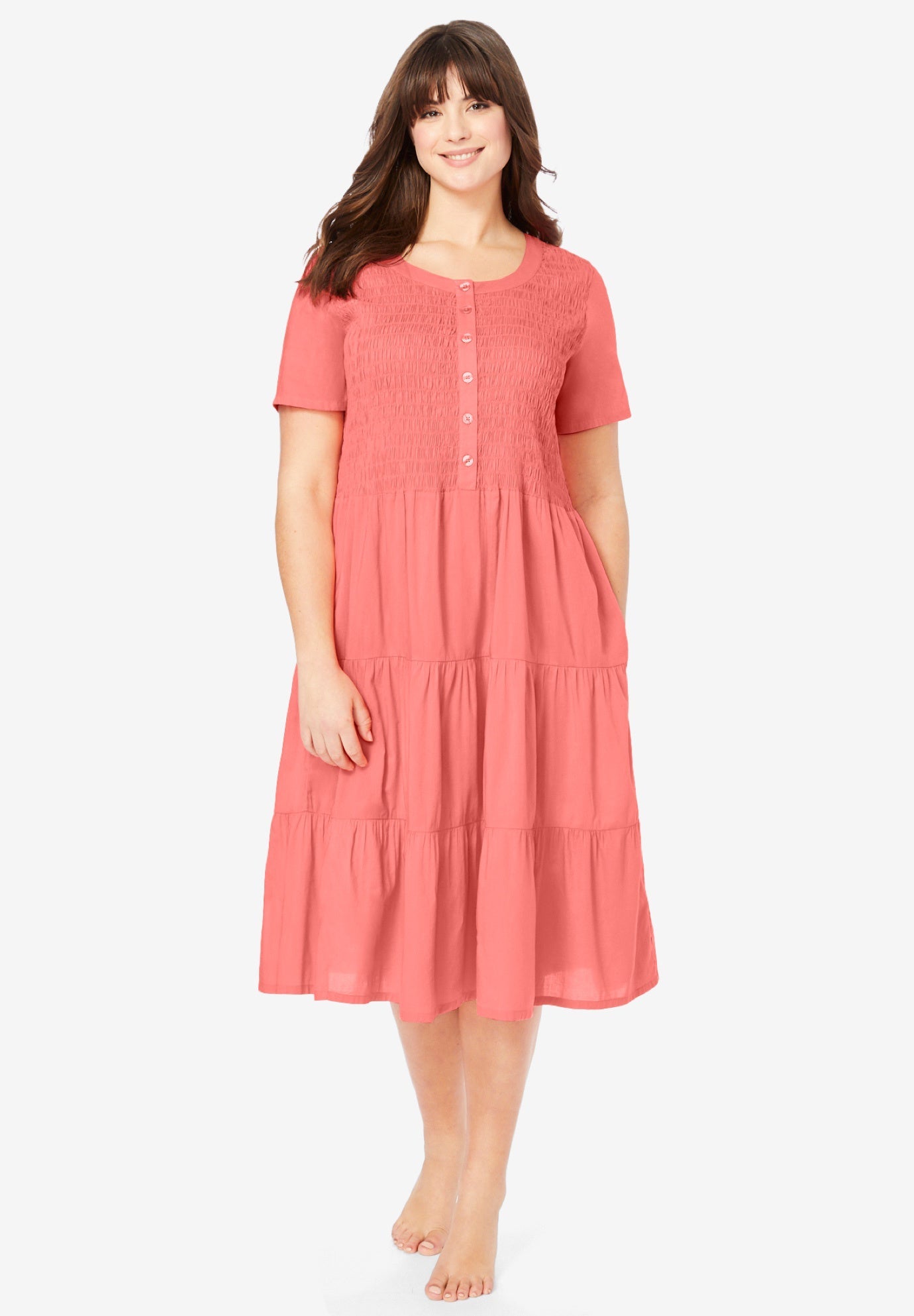 Plus Size Soft Cotton Smock Lounger, Sweet Coral | Woman Within