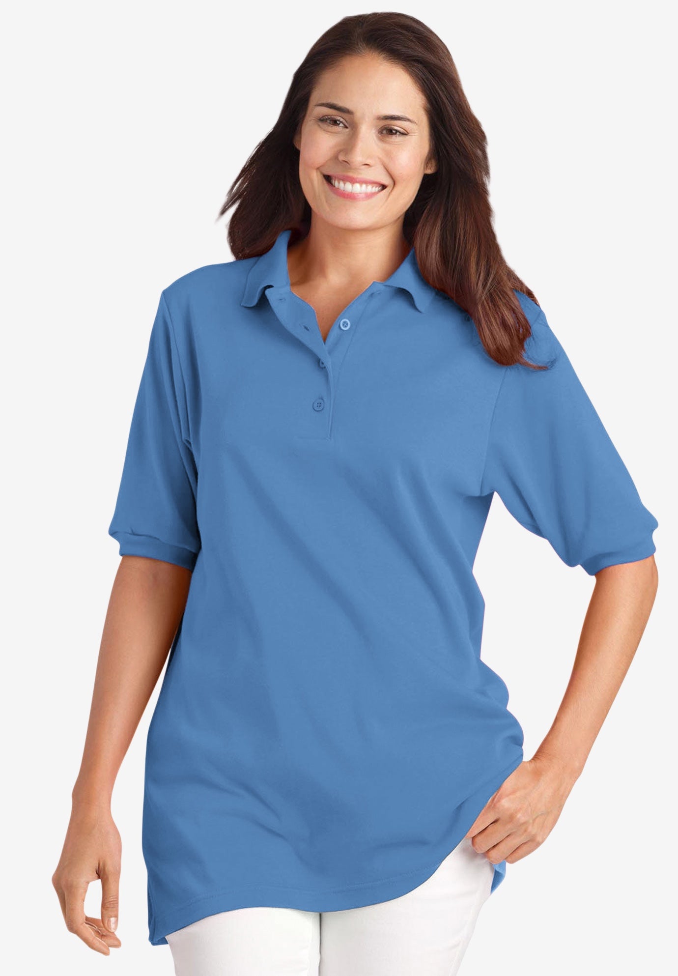 Elbow Sleeve Tunic Polo Shirt Plus Size Polo Shirts Woman Within