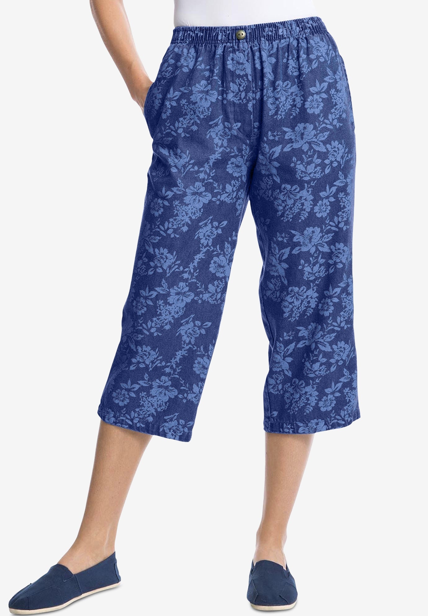 Elastic Waist Cotton Capri Woman Within