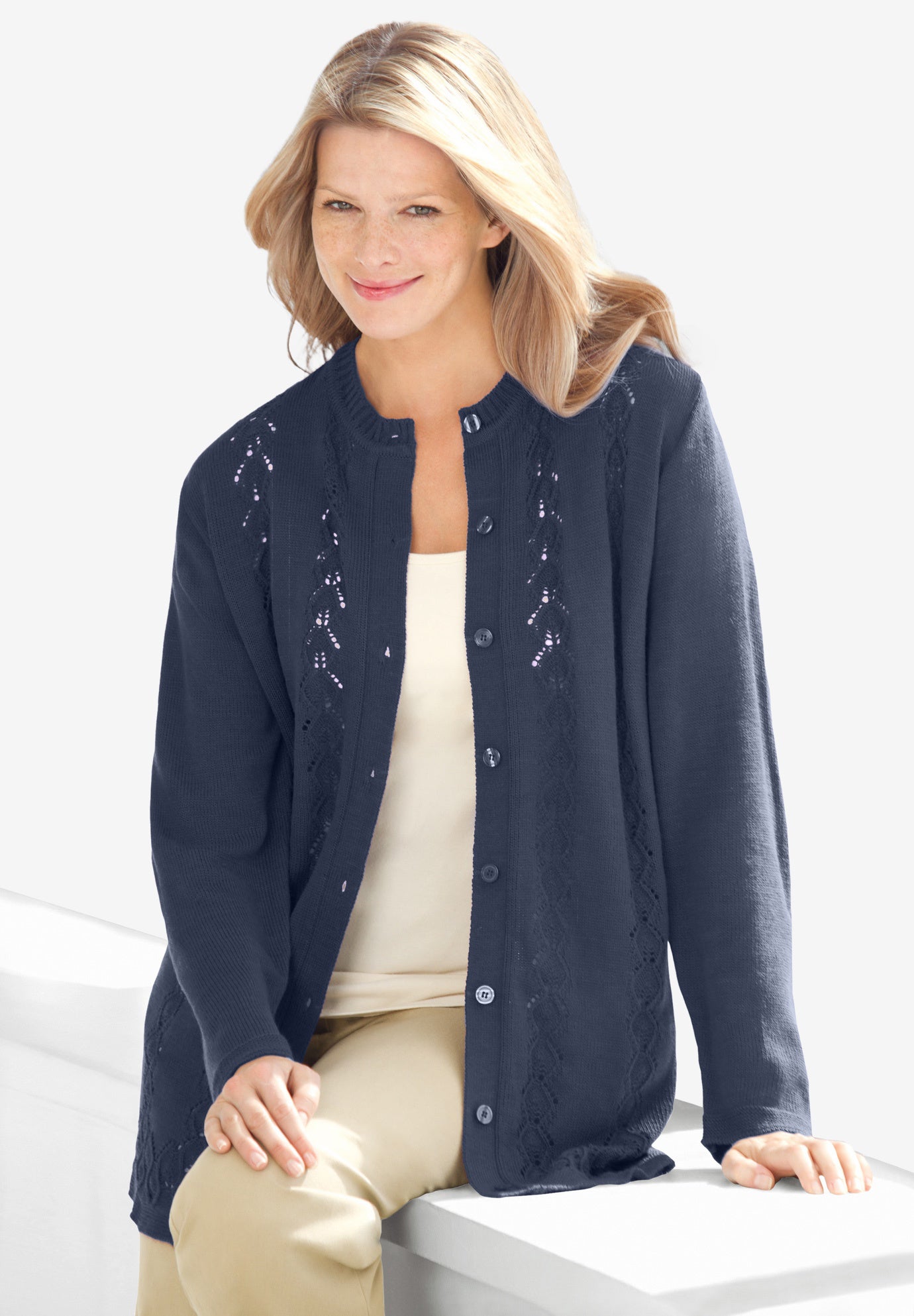 Long-Sleeve Pointelle Cardigan | Woman Within