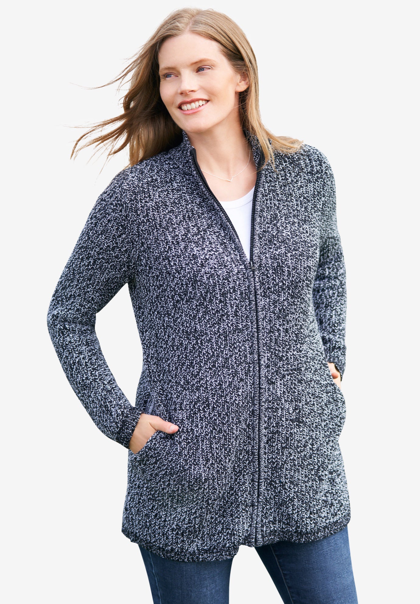 Zip Front Shaker Cardigan With Pockets Navy Woman Within