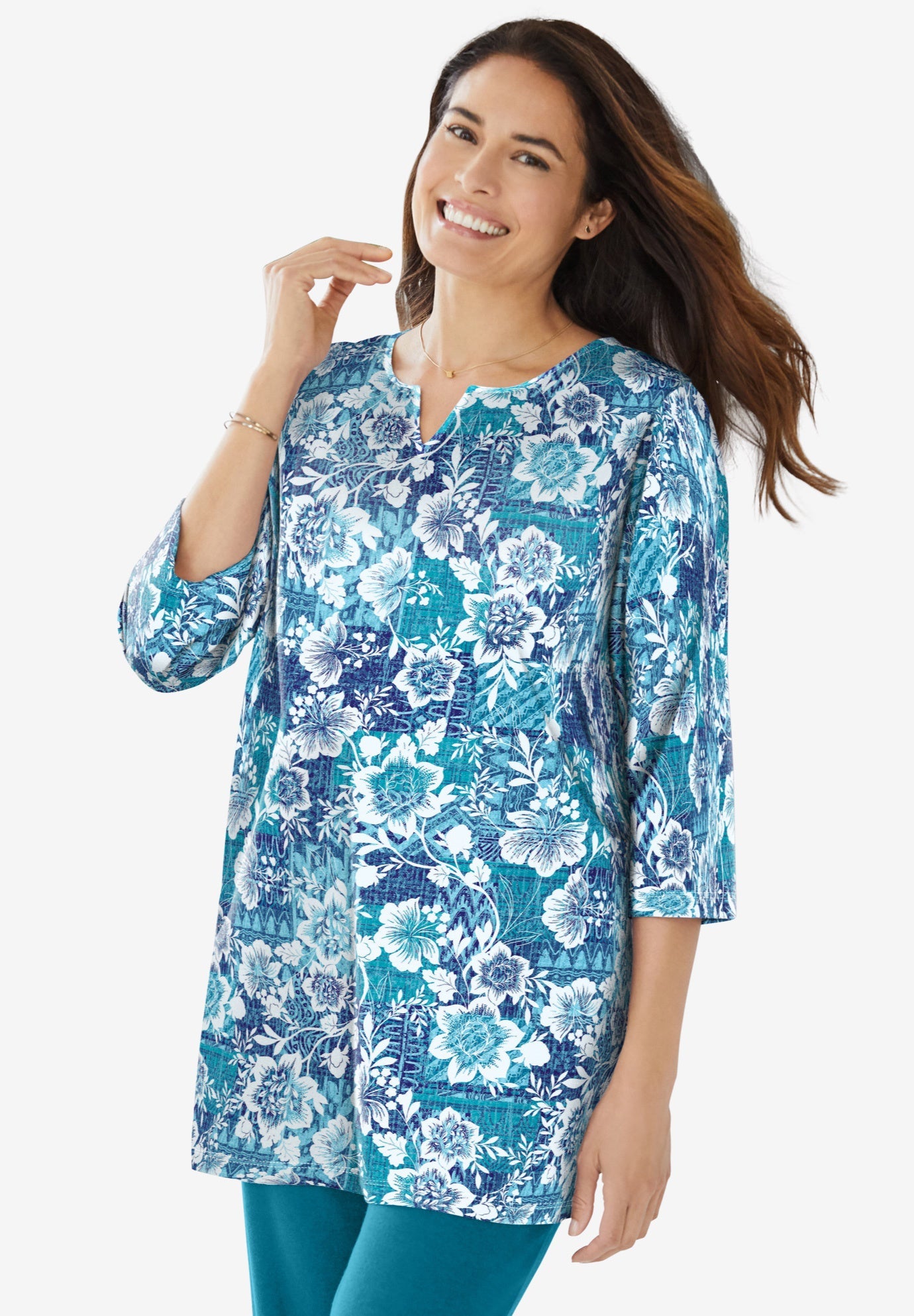 7-Day Three-Quarter Sleeve Notch-Neck Tunic | Woman Within