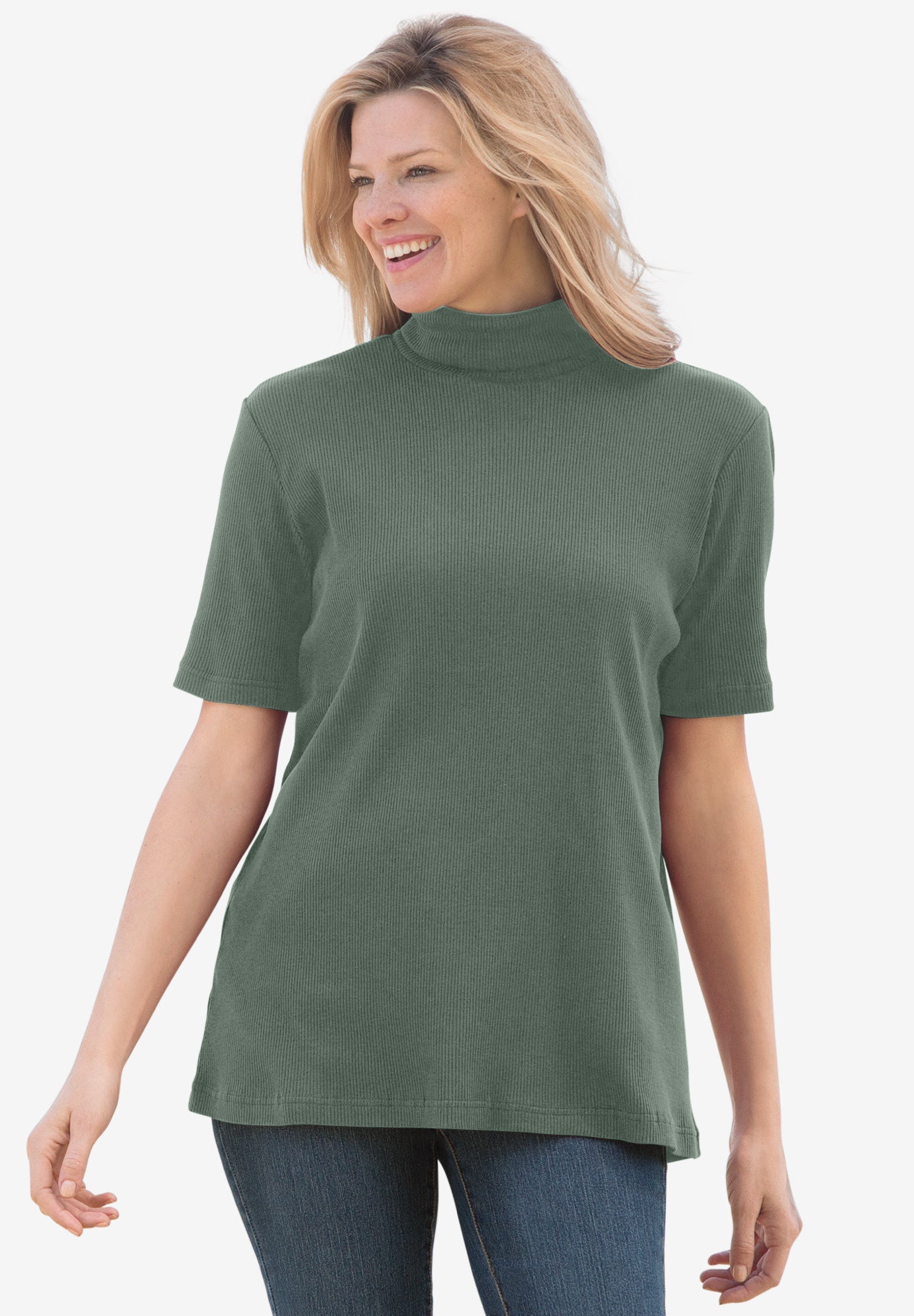 Ribbed Turtleneck Short Sleeve Top, Pine | Woman Within