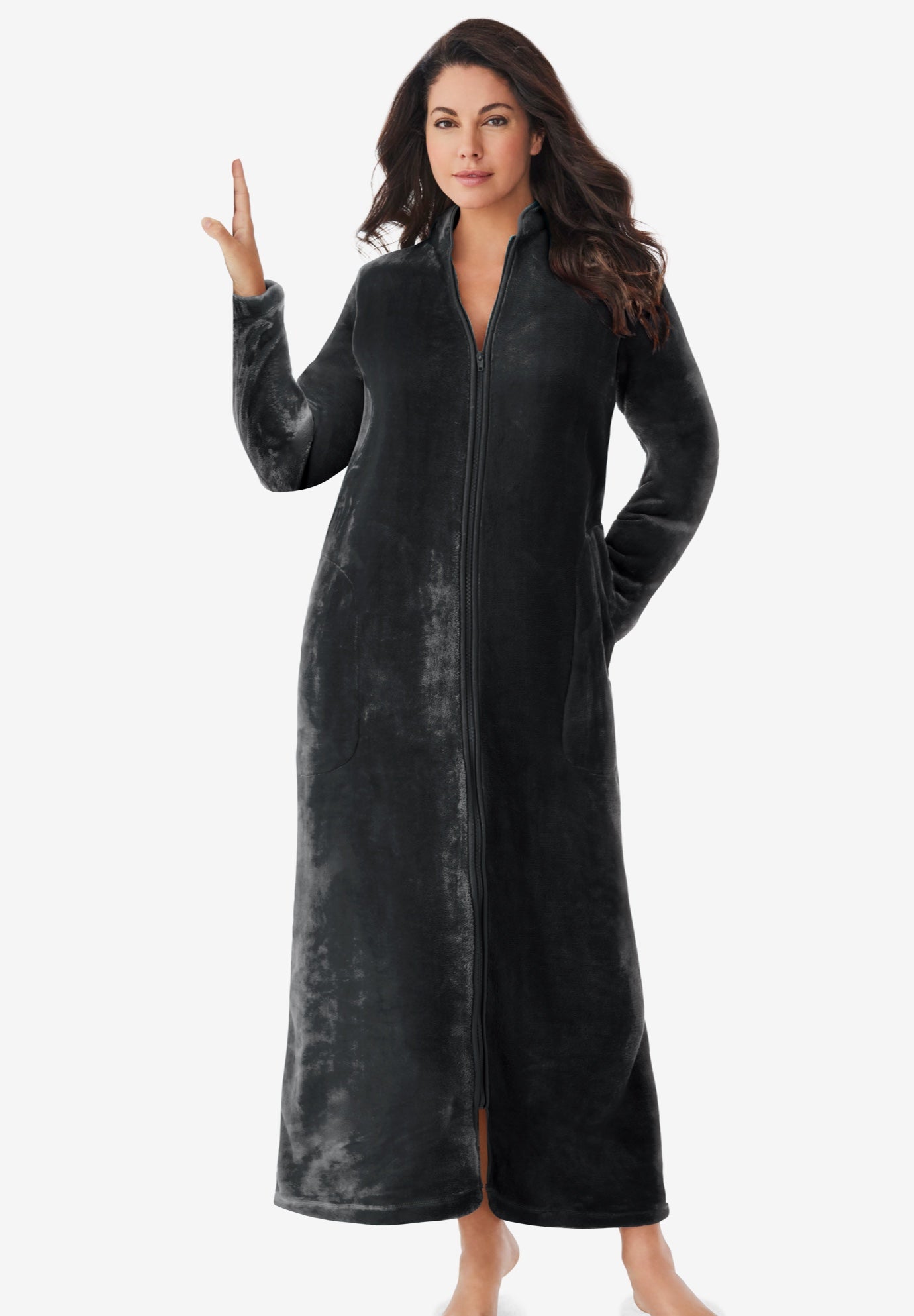 Cozy Microfleece Robe with Pockets, Black | Woman Within