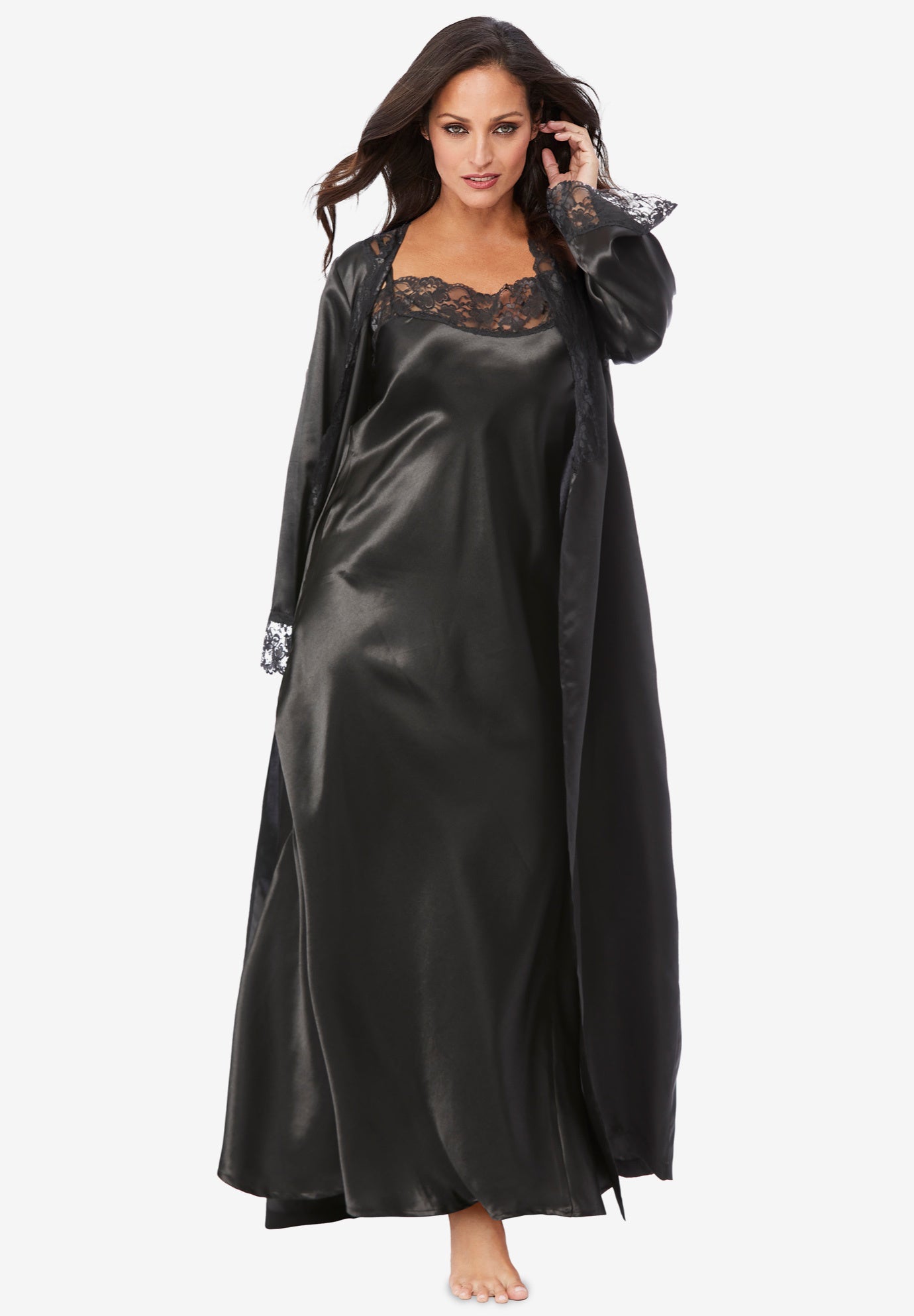 Romantic Satin Long Peignoir Set 52" 53", Ivory Roses | Woman Within