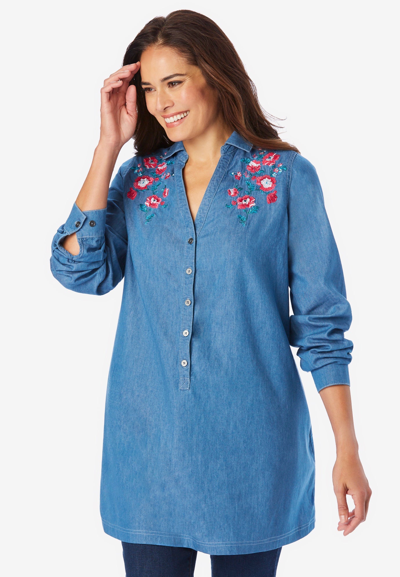 Embroidered Denim A-Line Tunic Top, 4440723 | Woman Within