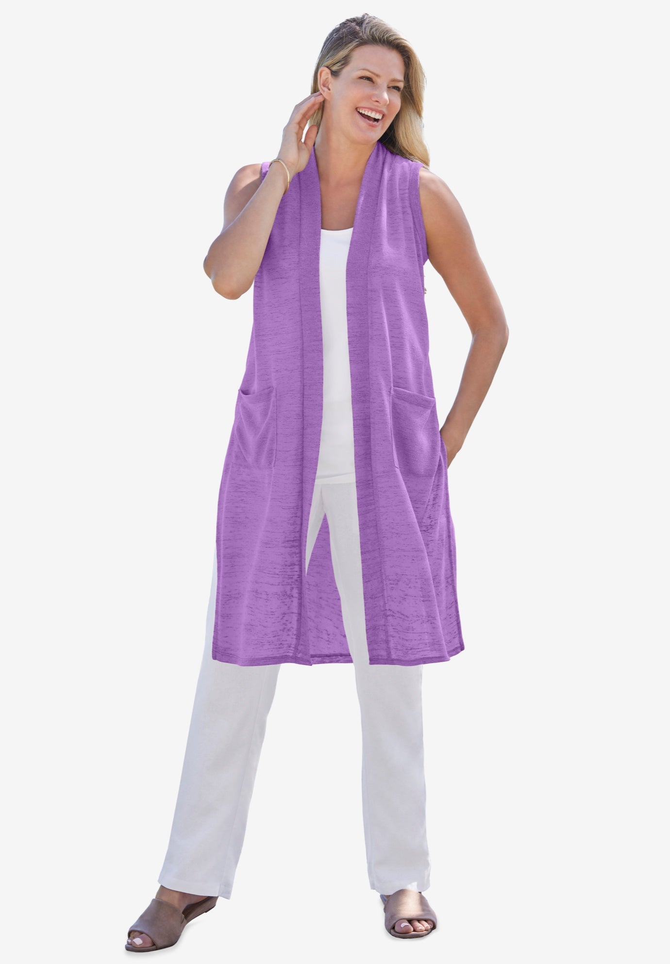 Lightweight Linen Vest with Open Front, Navy | Woman Within