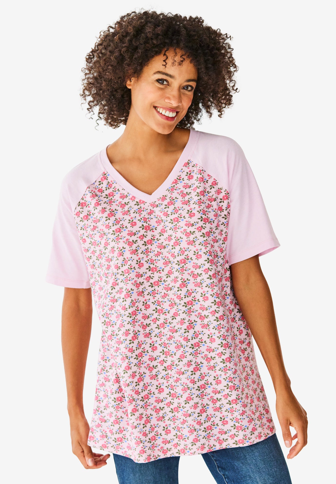 V-Neck Baseball Tee with Elbow Sleeves, Pink Ditsy | Woman Within