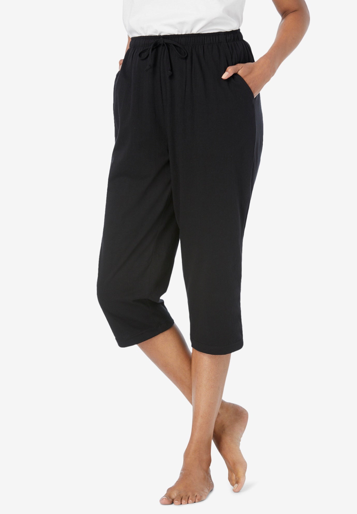 Cotton Knit Sleep Capri Pajama Pants 18" Inseam, Black | Woman Within