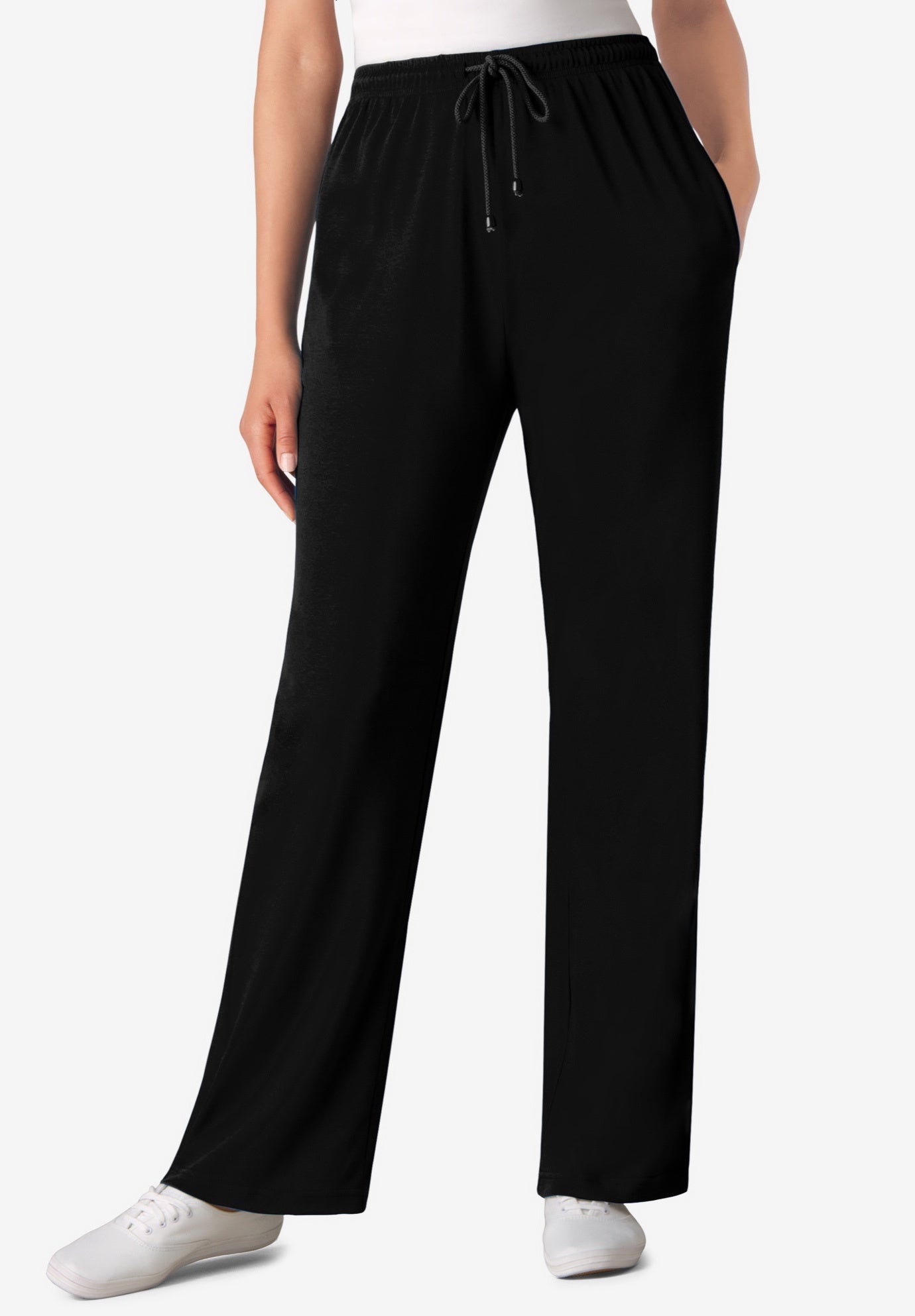 Straight Leg Sport Knit Pants - Elastic Waist, Black | Woman Within
