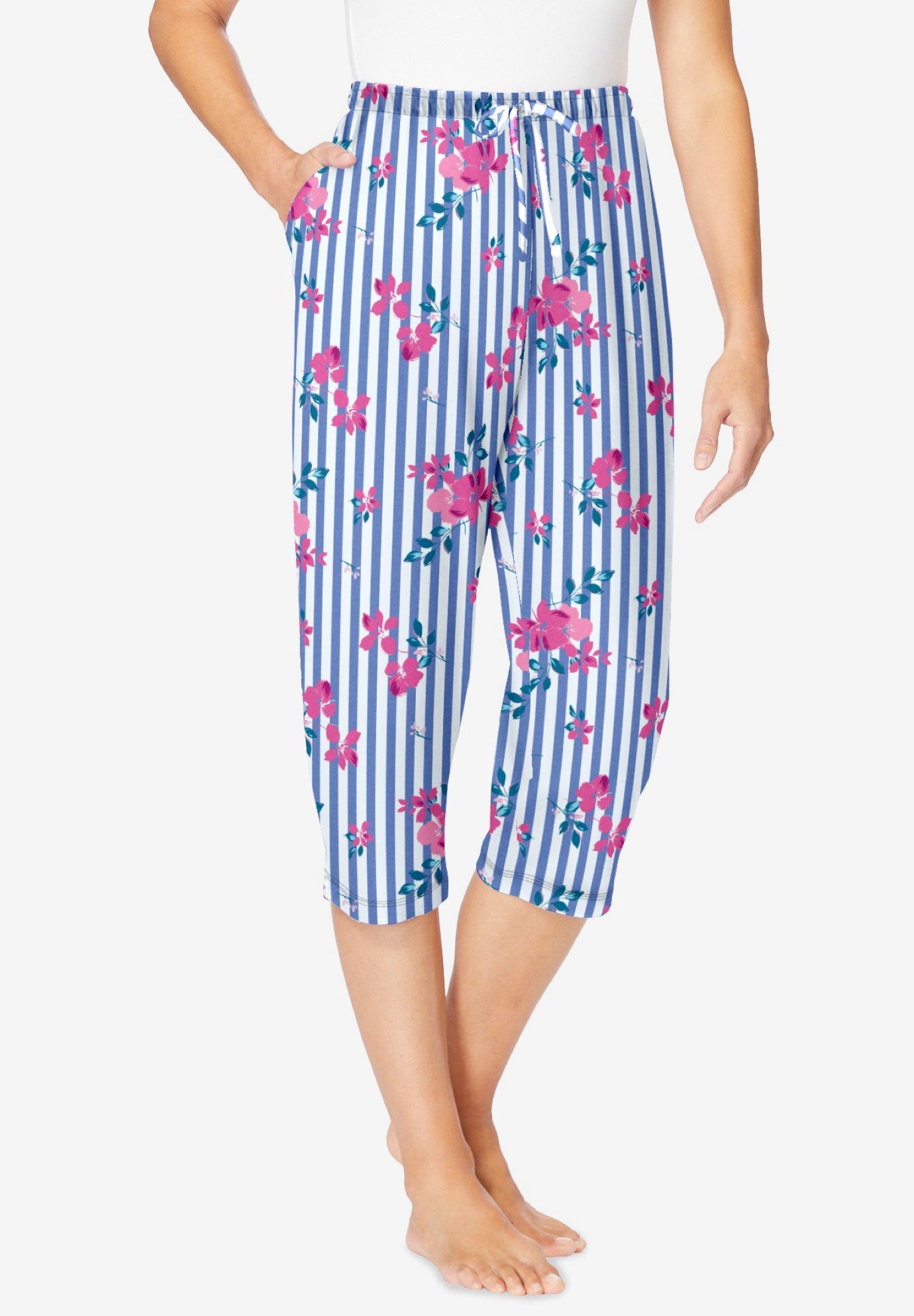 Cotton Knit Sleep Capri Pajama Pants 18" Inseam, French Blue Floral ...