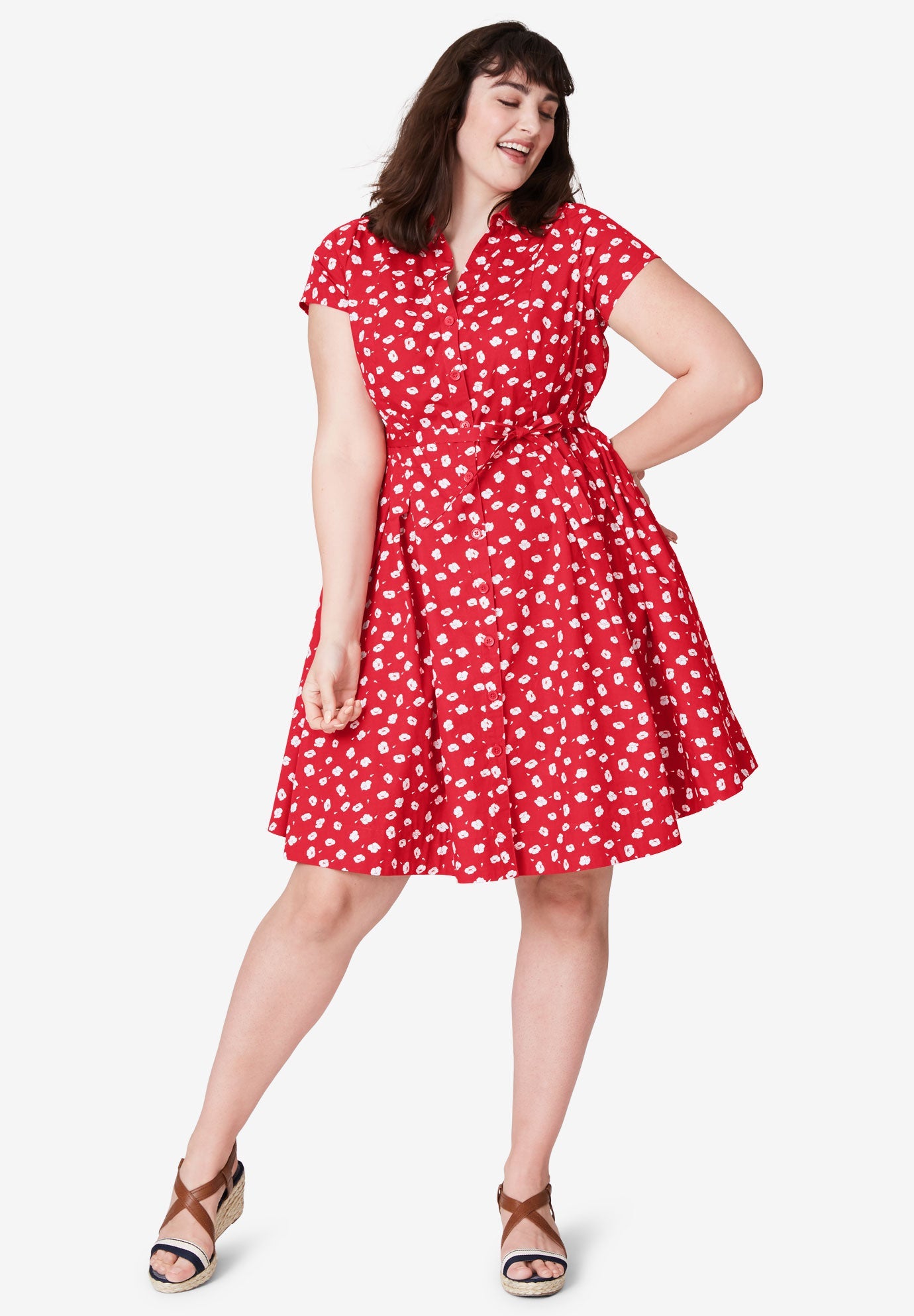 Sandy Shirtwaist Dress with Pockets & Belt, Poppy Red Floral | Woman Within