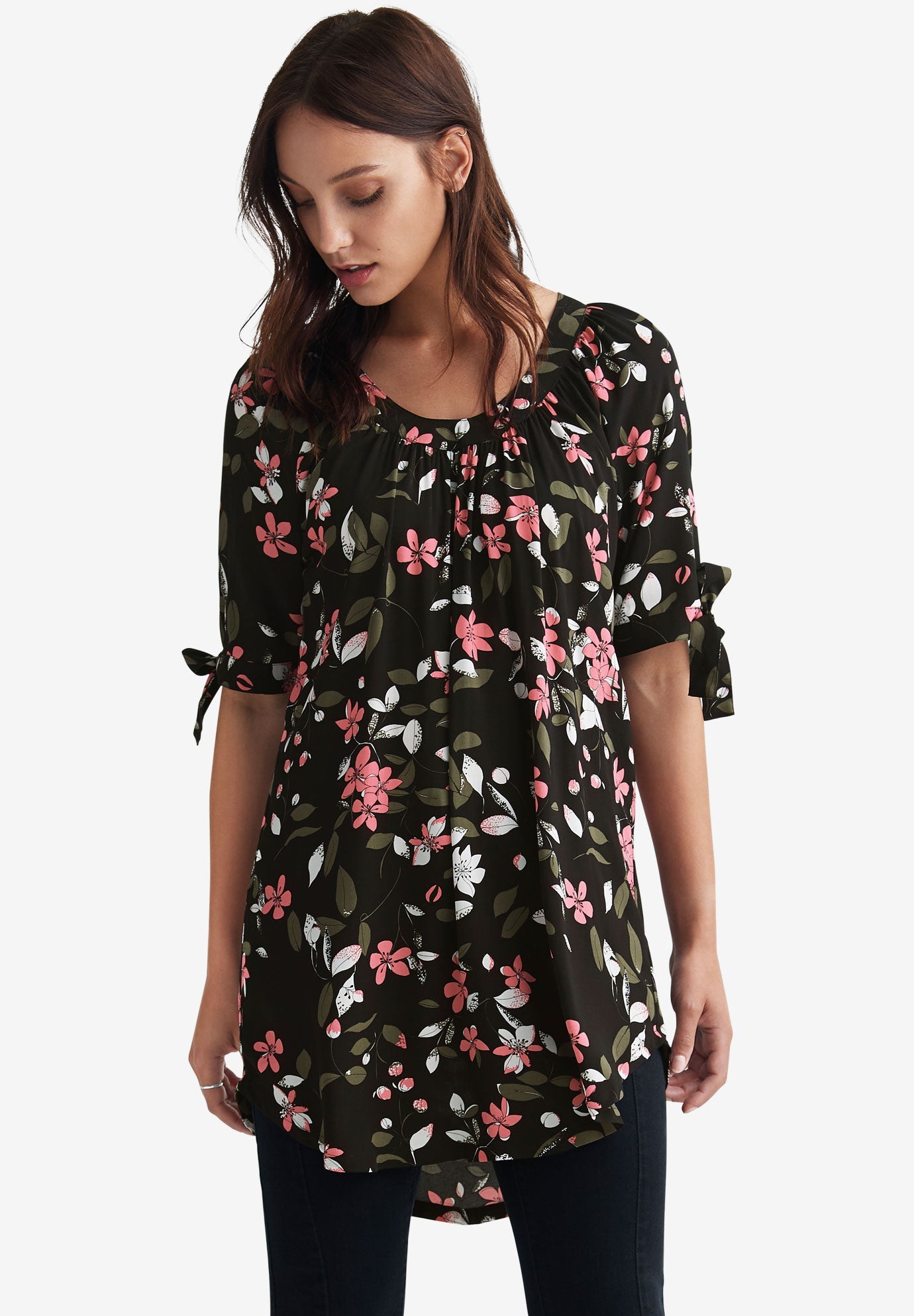 Tie-Sleeve Scoop Neck Tunic A-Line Style, Black Floral Print | Woman Within