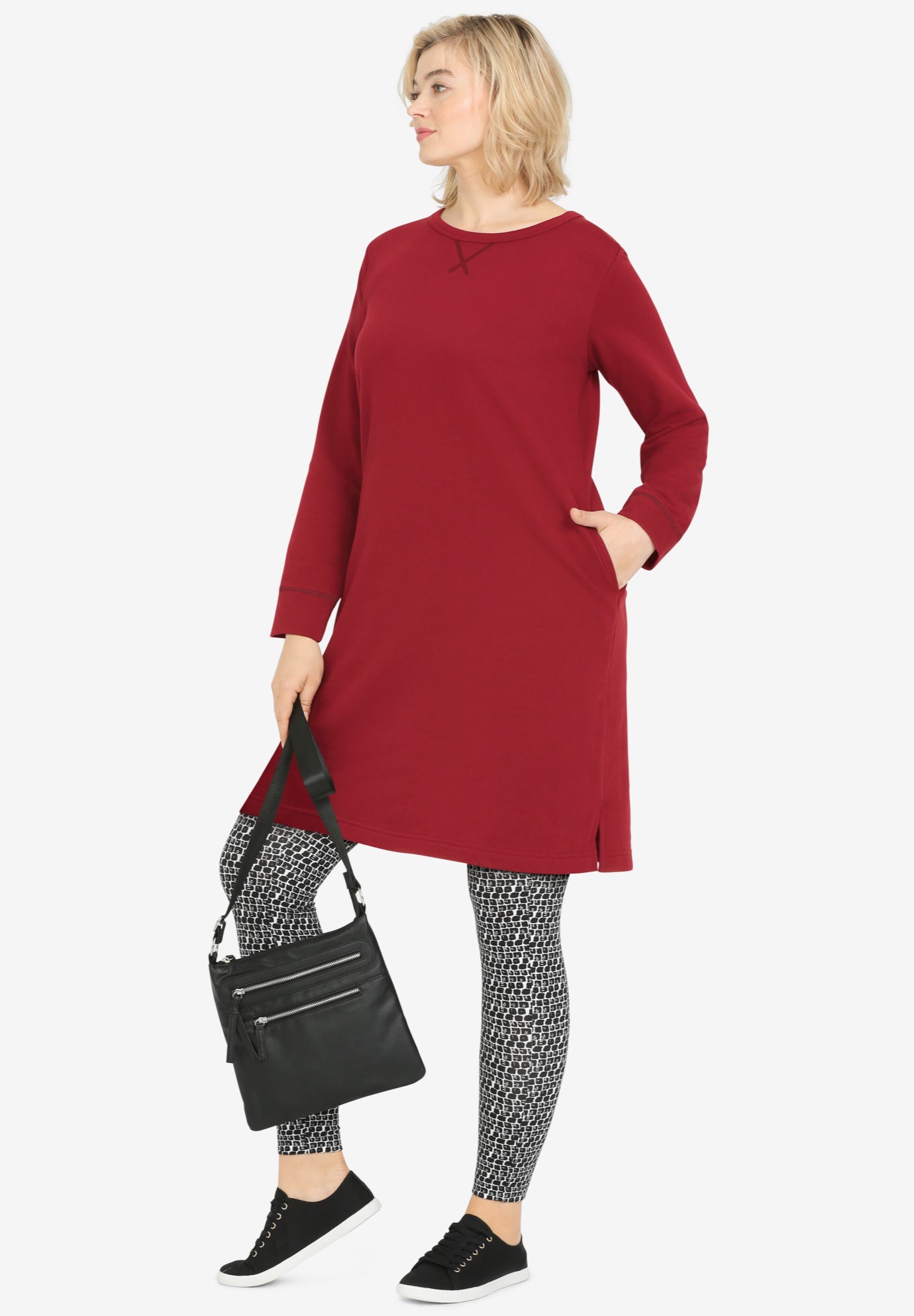 French Terry Tunic Dress with Pockets, Maroon Red | Woman Within