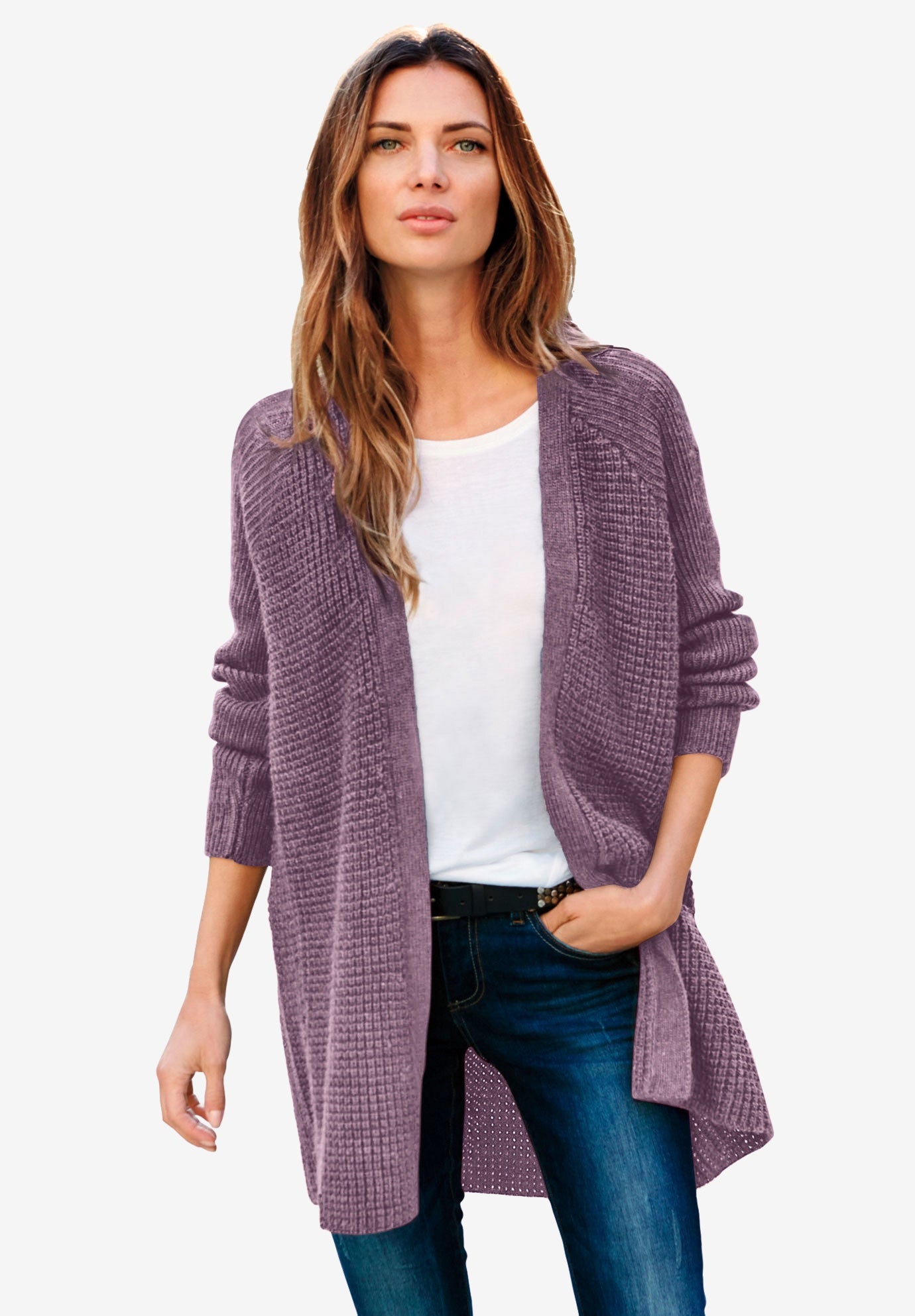Waffle Knit Open Front Cardigan - All Sizes, Dusty Purple | Woman Within