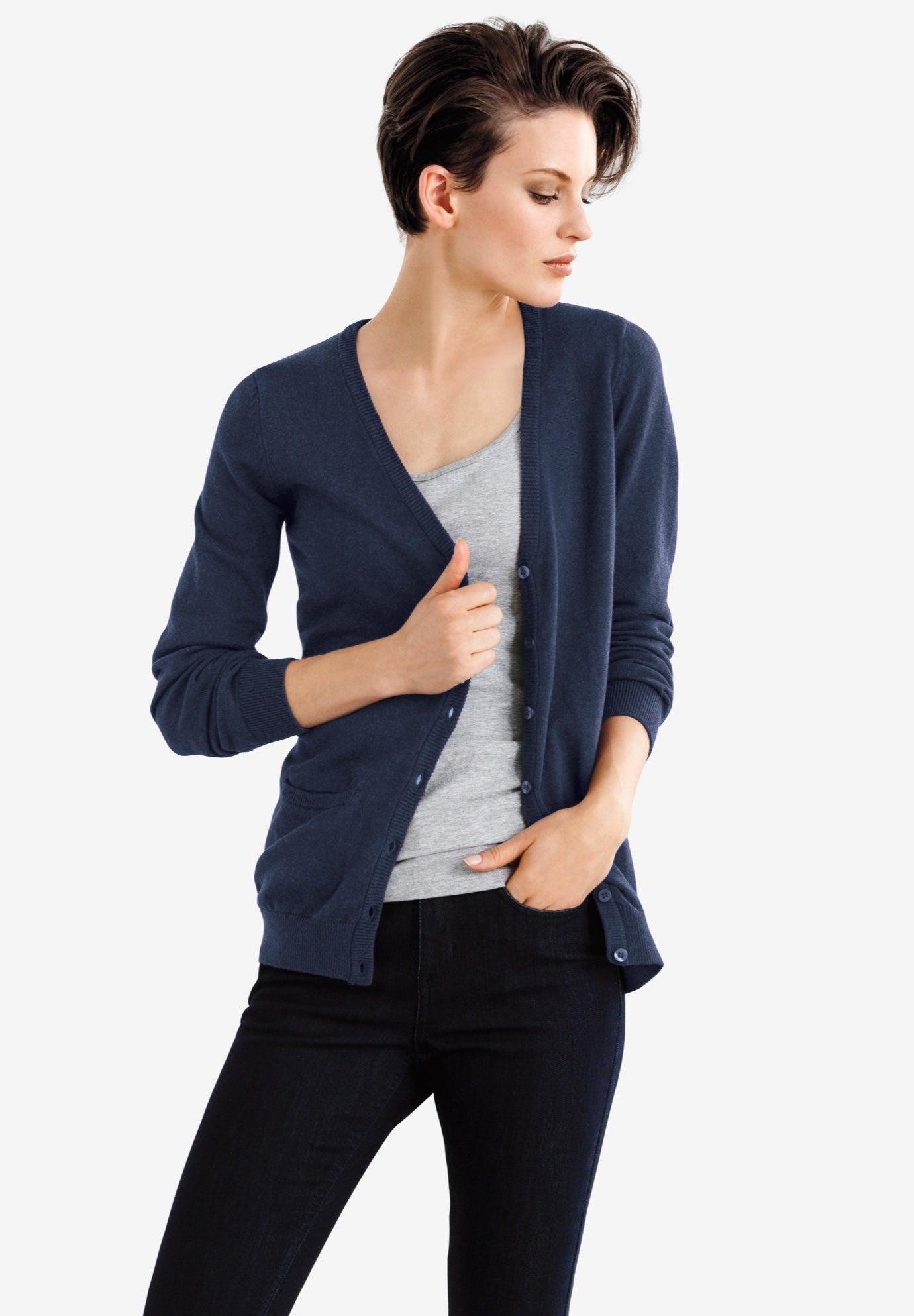 Plus Size V-neck Button Front Cardigan, Navy | Woman Within