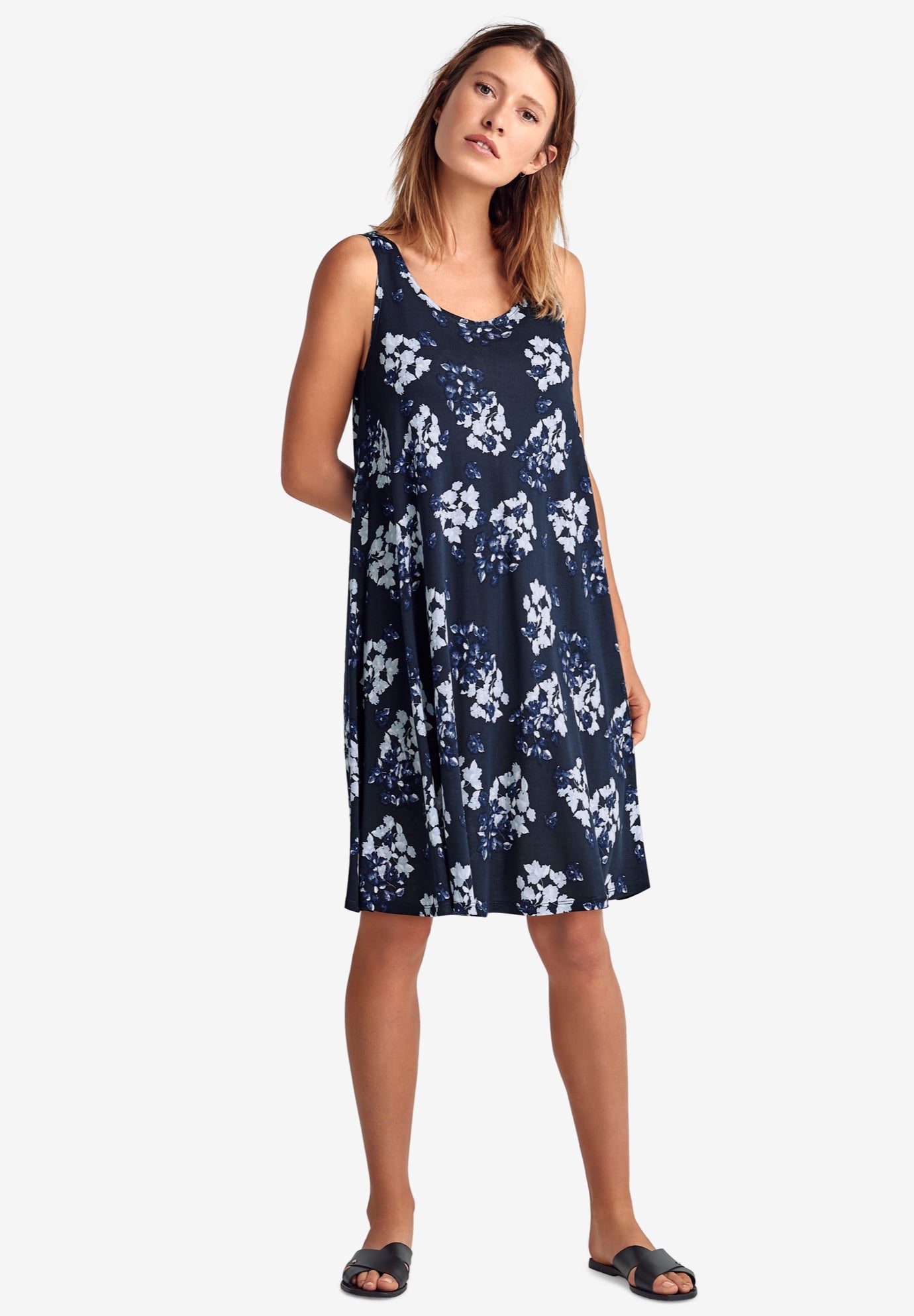 Chic A-Line Crossover Back Tank Dress, Navy Floral Print | Woman Within